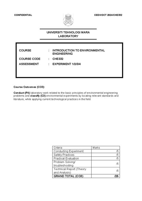 Lab Report CHE332 Experiment 2 CONFIDENTIAL CEEH OCT 2024 CHE UNIVERSITI TEKNOLOGI MARA