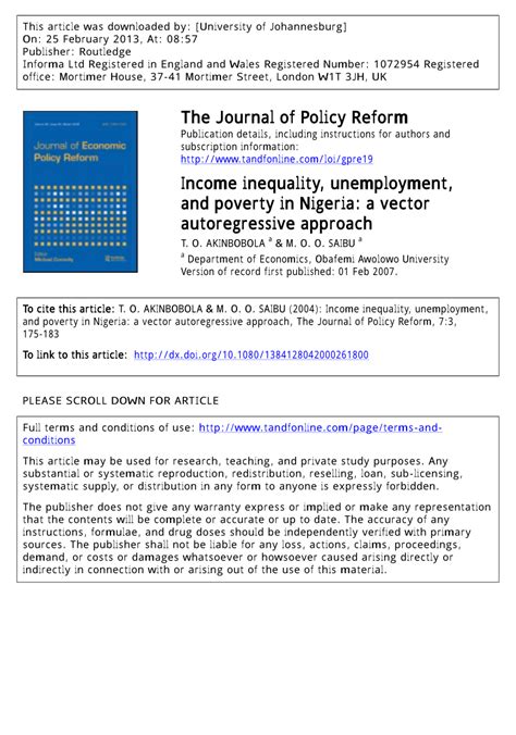 Pdf Income Inequality Unemployment And Poverty In Nigeria A Vector Autoregressive Approach