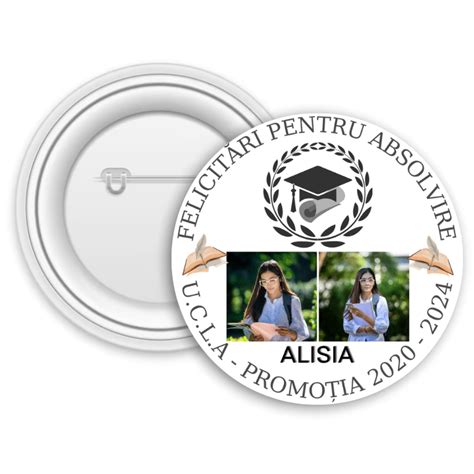 Insignă metalică personalizată cu două poze nume și text Absolvire