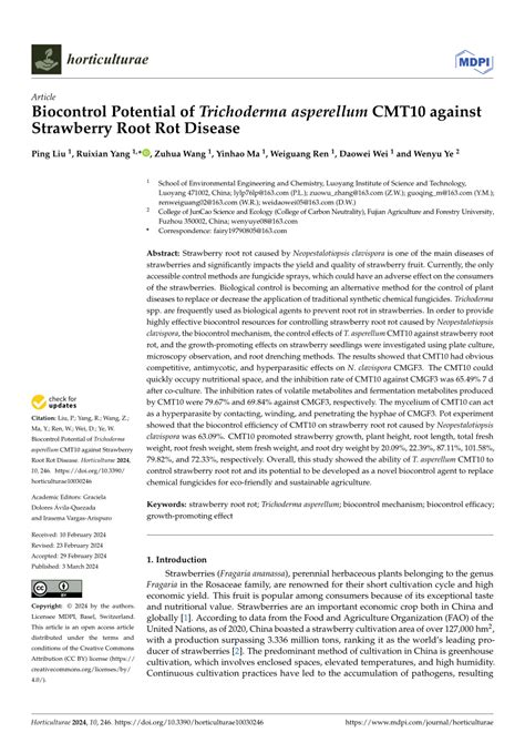 Pdf Biocontrol Potential Of Trichoderma Asperellum Cmt10 Against Strawberry Root Rot Disease