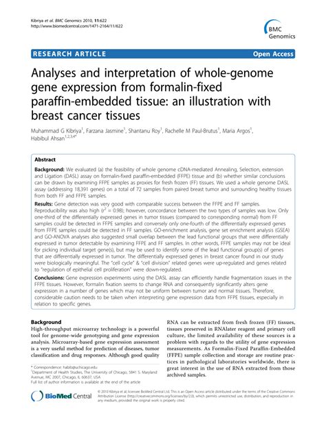 Pdf Analyses And Interpretation Of Whole Genome Gene Expression From Formalin Fixed Paraffin