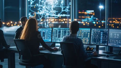 air traffic controllers monitoring flight operations at night stock