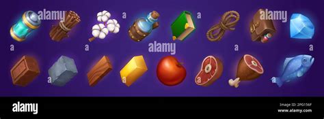 Vector Cartoon Game Icon Set With Stone And Food Ui Interface Award