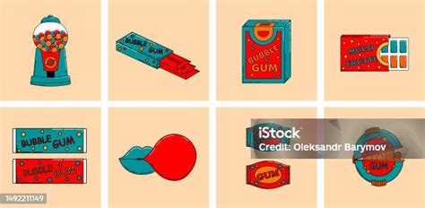 만화 풍선껌 세트 벡터 일러스트레이터 생생한 색상 껌 자동판매기에 대한 스톡 벡터 아트 및 기타 이미지 껌 자동판매기 검볼 기포 Istock