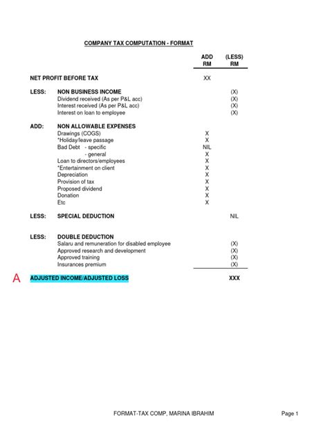 Computation Format Companys Income Tax Pdf Tax Deduction Dividend
