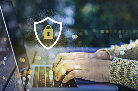 Laptop Computer With Data Protection Cyber Security Information Safety And Encryption Concept