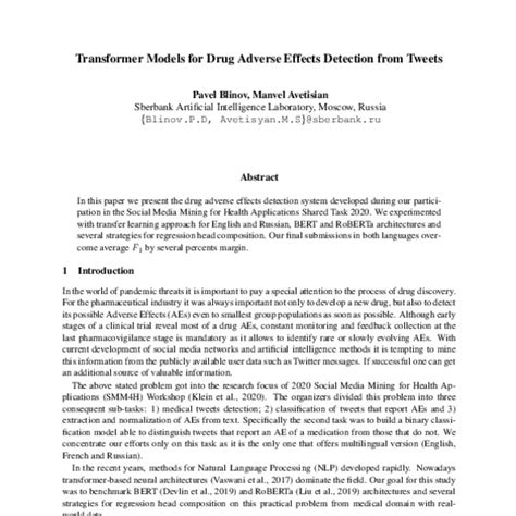 Transformer Models For Drug Adverse Effects Detection From Tweets Acl Anthology