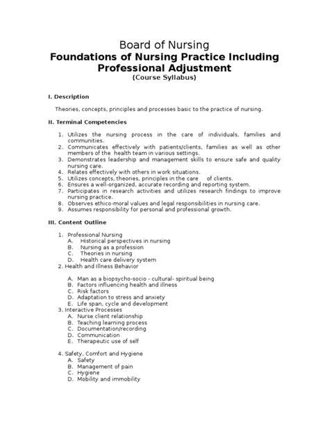 Course Syllabus For Foundations Of Nursing Practice Including Professional Adjustment Nursing