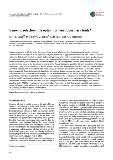 Pdf Genomic Selection The Option For New Robustness Traits