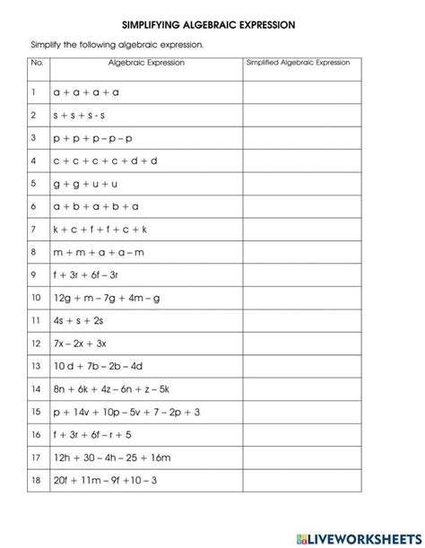 Simplifying Algebraic Expressions Worksheets Printable Calendars At A