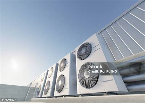 산업 플랜트 공장의 옥상에 있는 응축기 장치 또는 압축기의 3d 렌더링 Ac 또는 에어컨 Hvac 또는 난방 환기 및 에어컨