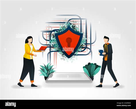Vector Illustration Concept People Accessing Data On Internet And Shields Secure Network