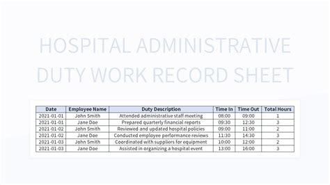 hospital administrative duty work record sheet excel template and