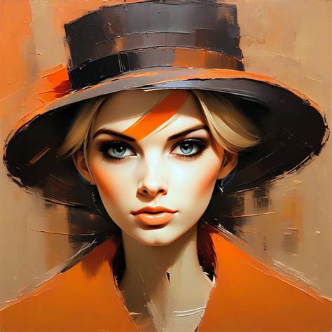 Digital Portrait Of Woman Wearing Black Hat And Orange Coat In