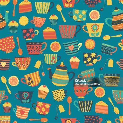 Ilustración De Tazas De Té Vector Verde Azulado Fondo De Patrones Sin