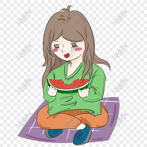소녀는 수박을 먹고 PNG 일러스트 무료 다운로드 Lovepik