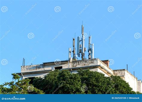 Cluster Of Mobile Network Broadcast Cell Repeaters On Roof Of Building