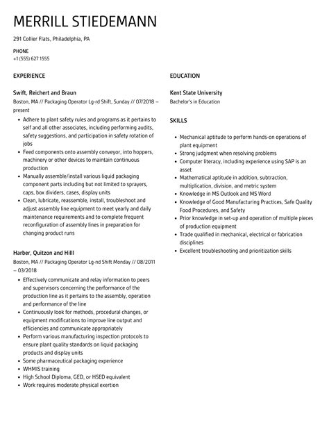 Packaging Operator Resume Samples Velvet Jobs