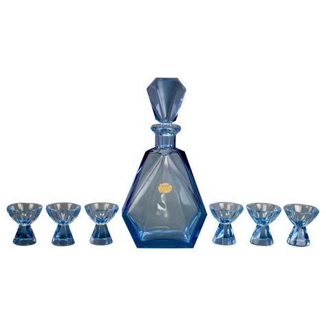 Art Deco Bohemian Blue Color Glass Decanter And Glasses 1930s Set Of