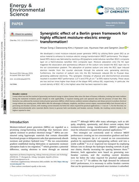 Pdf Synergistic Effect Of A Berlin Green Framework For Highly Efficient Moisture Electric