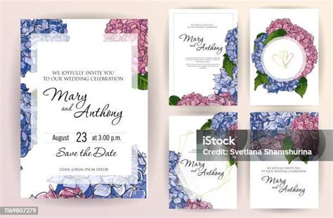 웨딩 초대 장 카드 꽃 수국 세트 흰색 배경에 A5 결혼식 초대 디자인 템플릿입니다 벡터 손으로 그린 다채로운 마커 그림입니다 흰색 배경 프레임에 스케치 선 낙서 개체