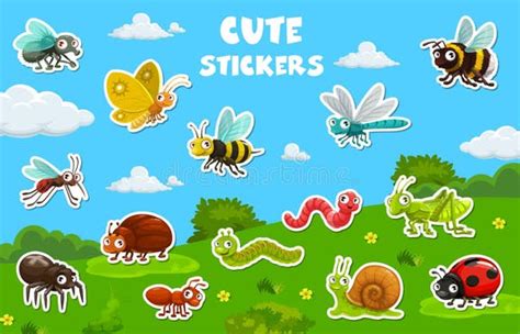 Cartoon Insect And Bug Characters Stickers Pack Stock Illustration Illustration Of Grasshopper
