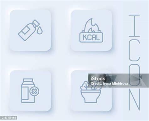 세트 라인 물병 Kcal 유당 불내증 및 샐러드 그릇 흰색 사각형 버튼입니다 벡터 0명에 대한 스톡 벡터 아트 및 기타 이미지