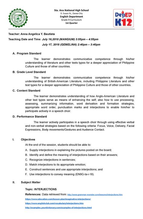 Interjection Lesson Plan Docx D Suazo St Davao City English