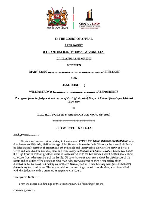 Mary Rono V Jane Rono Another Civil Appeal 66of2002 2005 Keca326klr