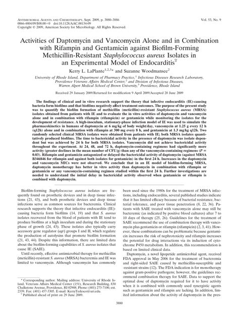 Pdf Activities Of Daptomycin And Vancomycin Alone And In Combination With Rifampin And
