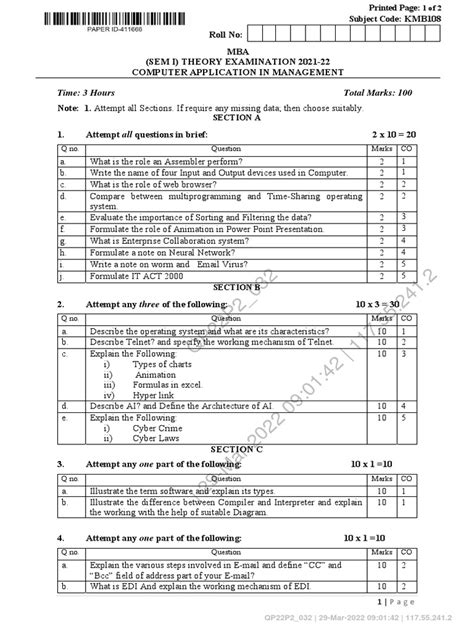 Mba 1 Sem Computer Application In Management Kmb108 2022 Pdf