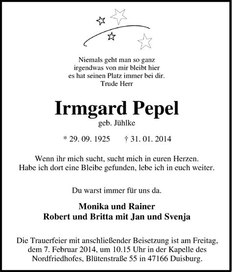 Traueranzeigen Von Irmgard Pepel Trauer In Nrw De