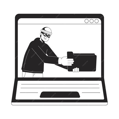 Premium Vector Cyber Thief Holding Folder Laptop Screen Bw Concept Vector Spot Illustration
