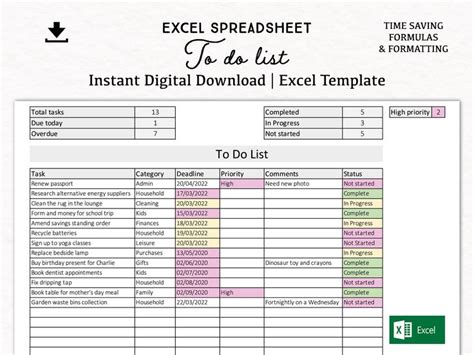 To Do List Excel Spreadsheet Digital Download Excel Template Digital To Do List Printable Task