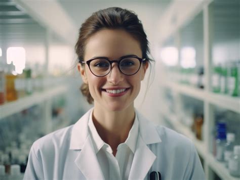 Premium Photo Woman Wearing White Lab Coat And Glasses Is Smiling At Camera