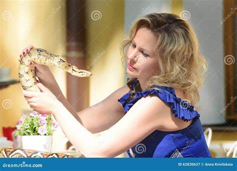 Blond Woman In Elegant Dress With A Python Stock Image Image Of Eyes Color