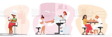뷰티 살롱을 방문하는 여성을 설정합니다 여성은 매니큐어 페디큐어 및 헤어 스타일링 절차를 적용합니다 미용사 플레이스의 소녀 뷰티 스파에 대한 스톡 벡터 아트 및 기타 이미지