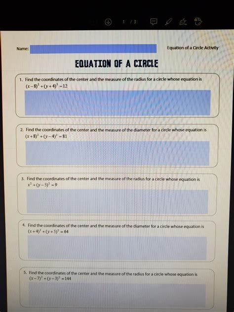 Solved Name Equation Of A Circle Activity EQUATION OF A Chegg Com