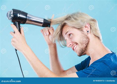 Trendy Man With Hair Dryer Stock Image Image Of Piercing 90405973