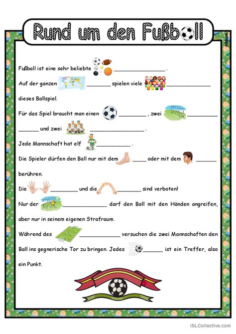 Lückentext Fußball eine Ballsport Deutsch DAF Arbeitsblätter pdf doc