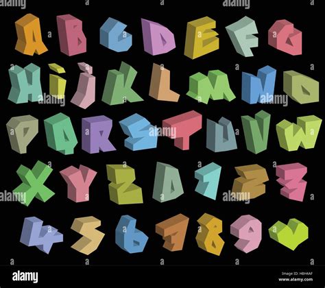 3d Graffiti Color Fonts Alphabet And Number Over Black Stock Vector