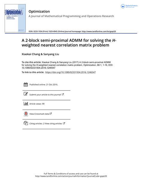 PDF A Block Semi Proximal ADMM For Solving The H Weighted Nearest Correlation Matrix Problem