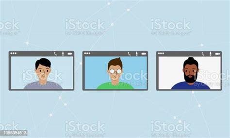 소셜 네트워크 개념 세 남자 사이의 인터넷 통신 화상 회의 사회적 불변 비즈니스 토론 온라인 우정 개념에 대한 스톡 벡터 아트