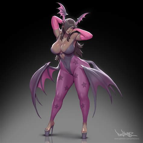 Rule 34 1 1 1girls Arm Behind Head Bare Shoulders Bat Wings Big Breasts Black Background Black