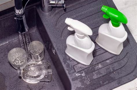 Dirty Dishes Cleaning Products Stock Photo Image Of Mess Hand