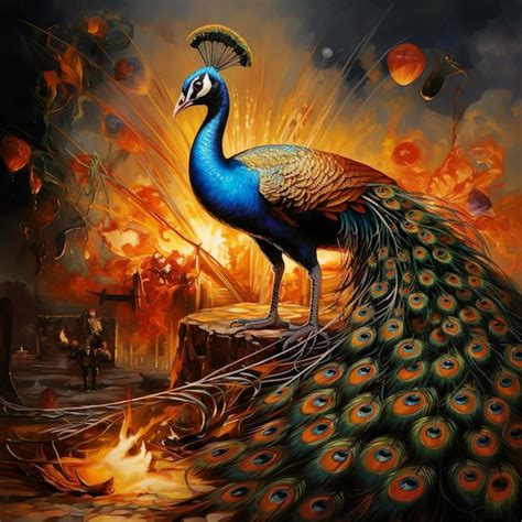 Premium Ai Image Painting Of Peacock With Fire On The Background