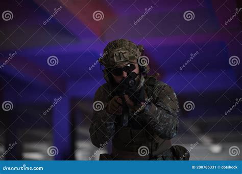 Modern Warfare Soldier In Urban Environment Battlefield Stock Image