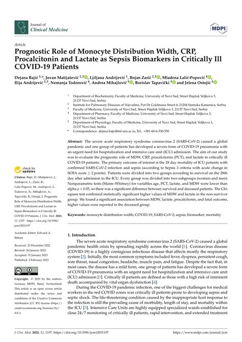 Pdf Prognostic Role Of Monocyte Distribution Width Crp