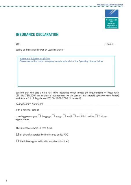Insurance Declaration Form Commission For Aviation Regulation