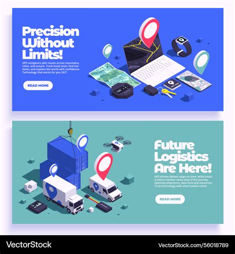 Gps Navigation Isometric Banners Horizontal Vector Image